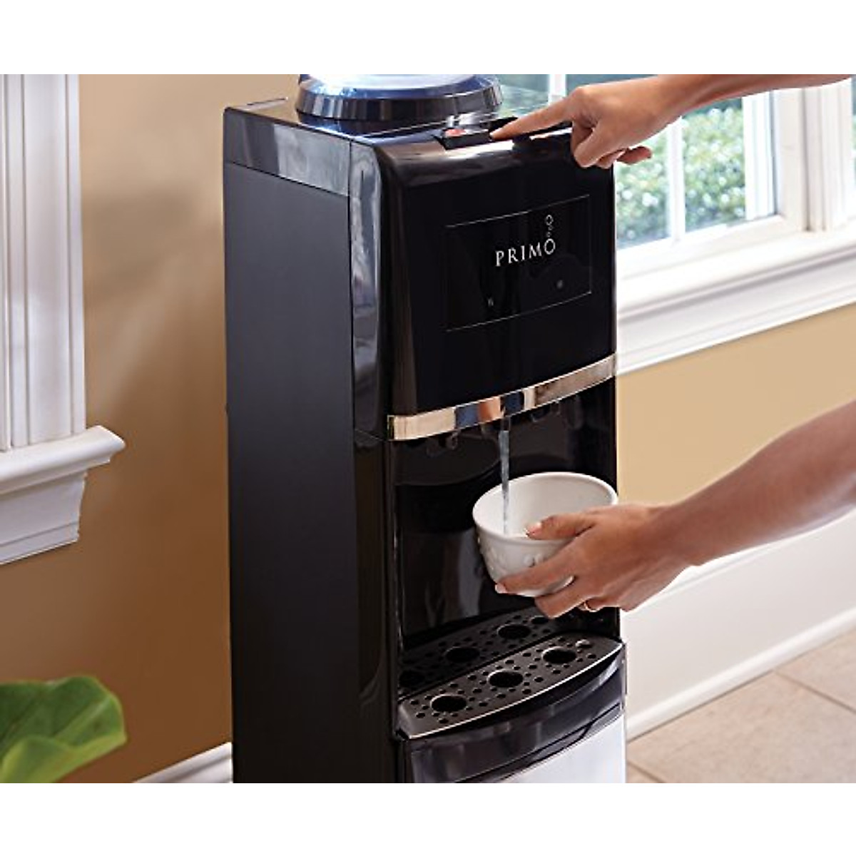 Primo Top-Loading Water Dispenser - 3 Temp (Hot-Cool-Cold) Water Cooler Water Dispenser for 5 Gallon Bottle w/Child-Resistant Safety Feature, Black and Stainless Steel, 3 Spout