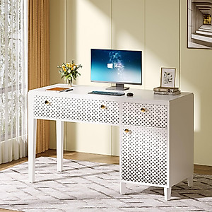 Tribesigns Computer Desk with Drawers, 47 Inches Home Office Desk with Storage Cabinet, Modern Study Writing Desk Makeup Vanity Table for Bedroom, White
