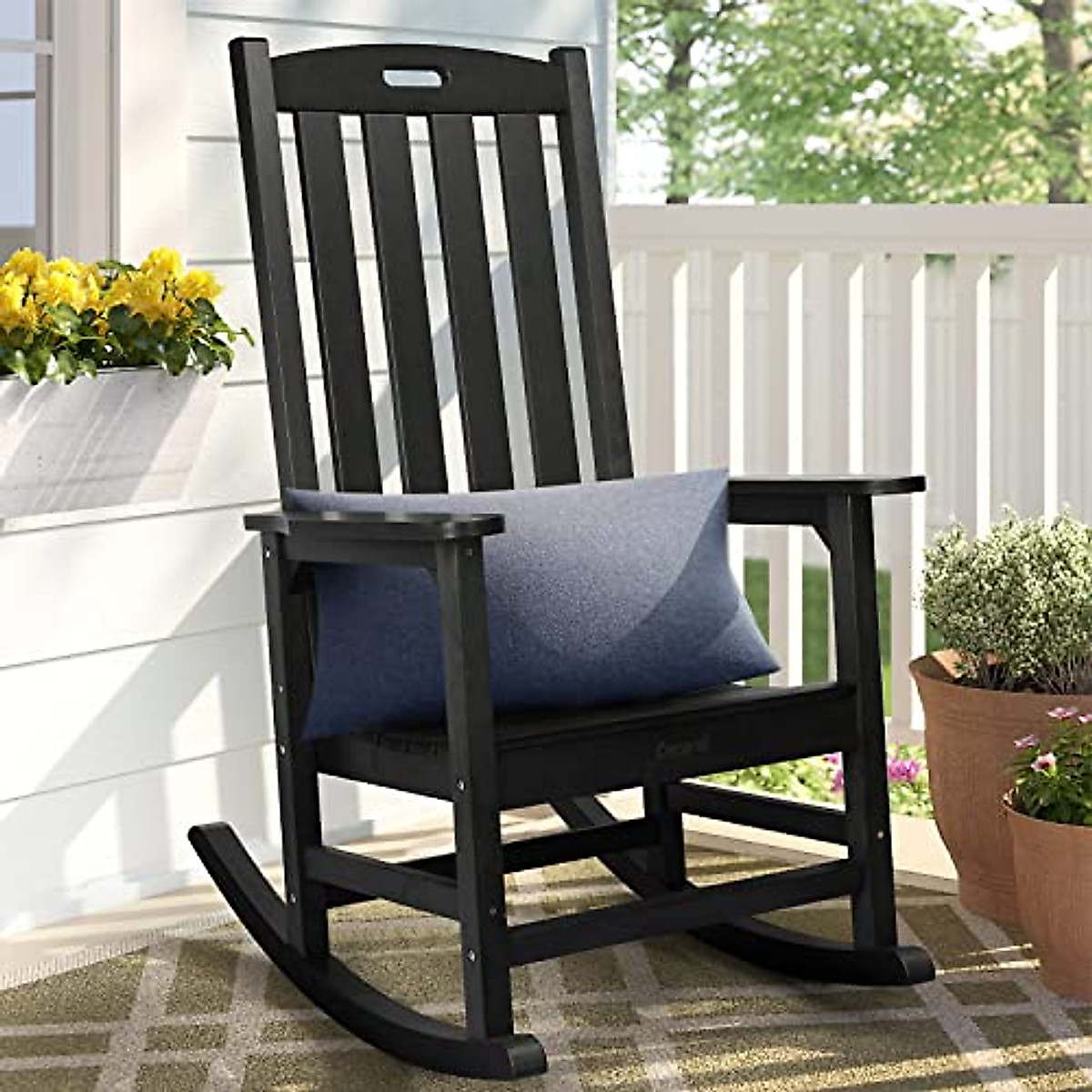 Cecarol Patio Oversized Rocking Chair Outdoor, Weather Resistant, Low Maintenance, High Back Front Porch Rocker Chairs 385lbs Support Poly Lumber Rocker, Wood-Like Plastic Chair, Black-PRC01