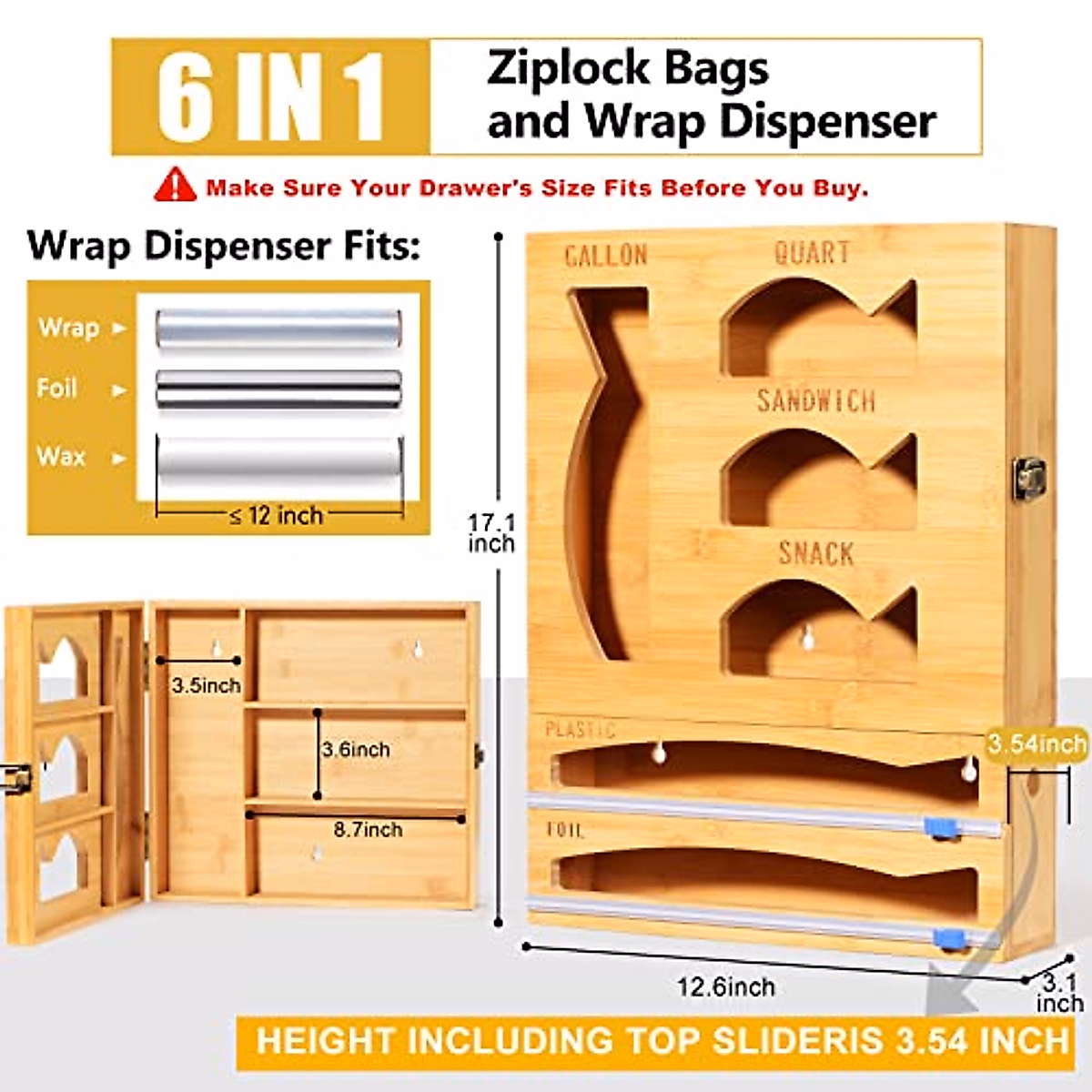6 Slots Bamboo Wall mountable Ziplock Bag Storage Organizer and Foil & Plastic Wrap Dispenser with Cutter, for Kitchen Drawer, Counter Top, Pantry, Compatible with Gallon, Quart, Sandwich, Snack Bag