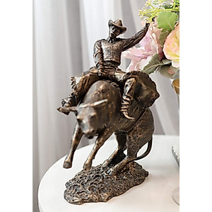 Ebros Rustic Western Rodeo Bull Rider Cowboy On Rearing Angry Bull Statue 10" Tall Faux Bronze Resin Old World Wild West Cattle Bull Riding Cowboys Themed Accent Figurine