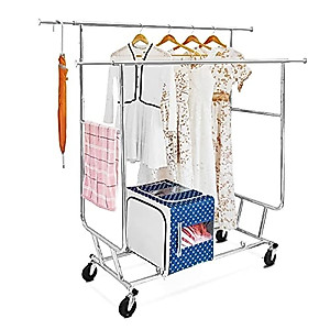 Yaheetech Commercial Clothing Garment Rack, Heavy Duty Double Rail Clothes Rack, Rolling Collapsible Rack Hanger Holder, Extendable Clothes Hanging Rack, Silver