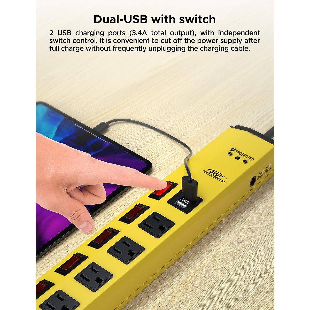 Surge Protector Power Strip with USB, Individual Switches and Flat Plug, CRST ECO-Friendly 6-Outlet Metal Heavy Duty Power Strip (1200 Joules) Circuit Breaker, 6-Feet 14AWG Cord (with Fastening Tie)