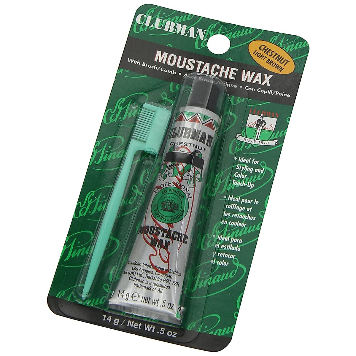 Clubman Pinaud Moustache Wax in Chestnut, Strong Hold, Natural Color Blend for Styling Beards, Sideburns, and Eyebrows 0.50 Fl Oz (Pack of 6)