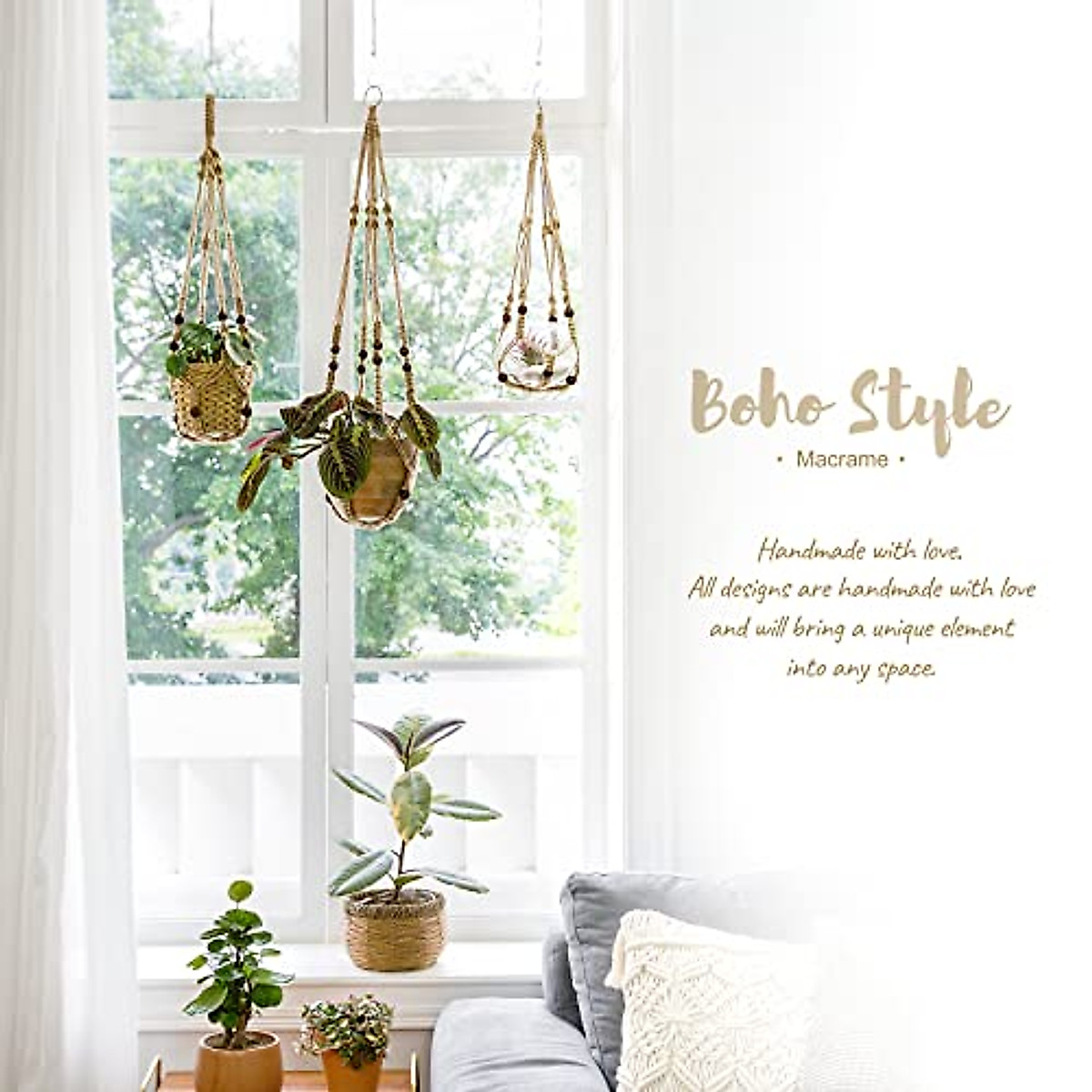 Mkono 3 Pack Macrame Plant Hangers Indoor Different Size Hanging Planter Basket Flower Pot Holder with Beads No Tassels 35"/29"/23", Medium, Brown