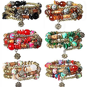 FIBO STEEL 6 Sets Bohemian Stackable Bead Bracelets for Women Stretch Multilayered Bracelet Set Multicolor Jewelry,Big Beads Vintage Style