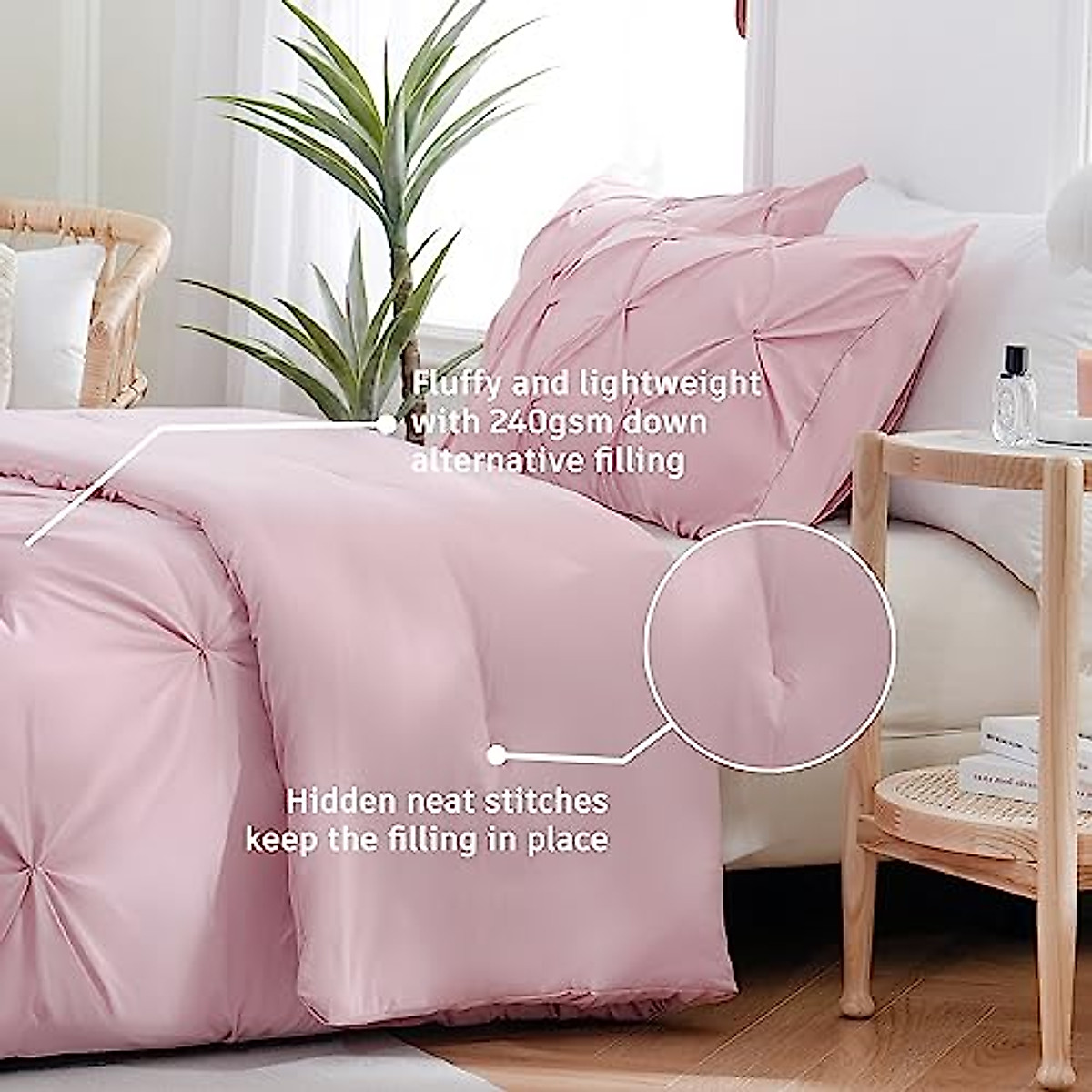 DOWNCOOL Twin Comforter Set - Pink Pintuck Bedding Comforter Sets, 2-Piece Twin Bed Set, 1 Soft Pinch Pleated Comforter and 1 Pillowcase, Down Alternative Bedding Comforters & Sets for All Season