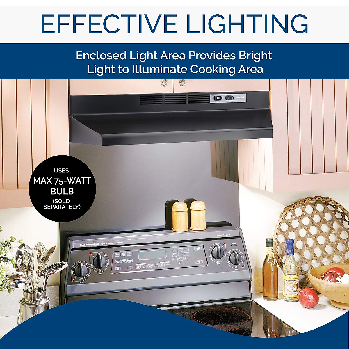 Broan-NuTone BUEZ130BL Non-Ducted Ductless Range Hood with Lights Exhaust Fan for Under Cabinet, 30-Inch, Black