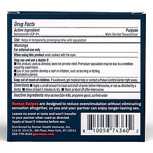 Roman Swipes | Fast-Acting, Convenient, Over-The-Counter Wipes Increase Stamina, Formulated with 4% Benzocaine, Features Discreet Packaging | 5-Pack