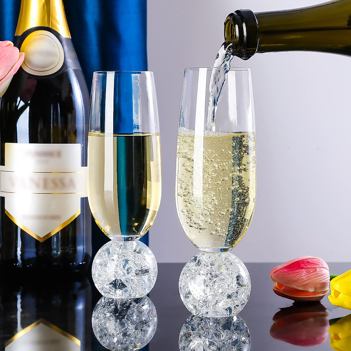 Hanjue Lead-free Crystal Champagne Glasses Set of 4, 7 Oz Clear Champagne Flutes - Ideal for Gifts,Parties, Wedding, Christmas - Long-sasting and Reusable Bar Glassware