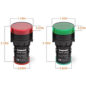 GASHER 12V/24V/110V 20mA Energy Saving Indicator Light Mounting Hole Size 22mm (7/8 Inch) Red Green (110V) 10 Pcs