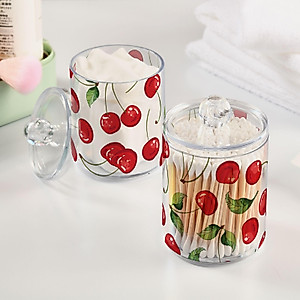 Jucciaco Cherry Fruits Canisters with Lids for Bathroom Vanity, Clear Plastic Jars Set of 2, for Cotton Balls, Cotton Pads, Qtips 4.13 x 2.75 in
