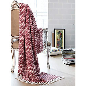 Throw Blanket With Fringes in Mini Diamond Design 50x60 Inch -Red White, Cotton Throw For Sofa, Chair, Bed, & Everyday Use, Well crafted for durability, Farmhouse Throw,All Season Throw Blanket