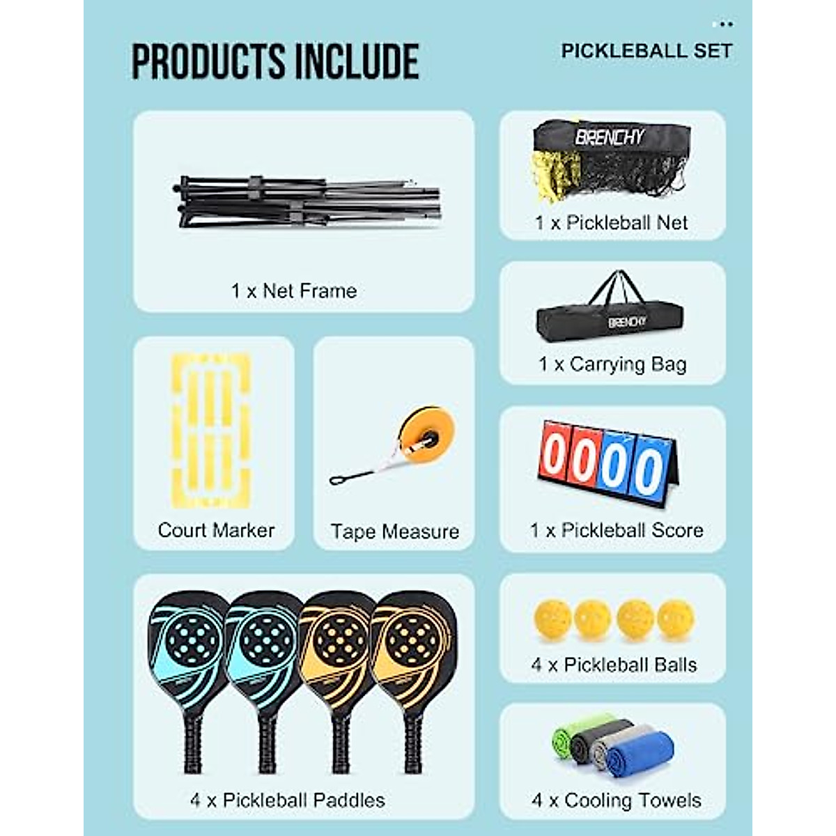Brenchy Pickleball Set for Home Driveway - Includes 17ft Net, 4 Paddles, 4 Balls, 4 Cooling Towels, 1 Scoreboard, 1 Court Marker, 1 Tape Measure