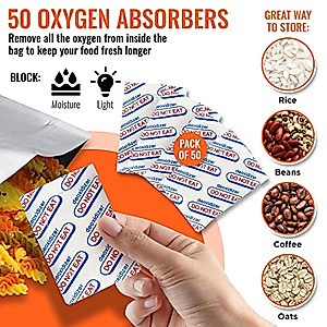 50 Mylar Bags for Food Storage with Oxygen Absorbers - 25 1 Gallon 10''x14'' - 25 1 Quarts 6''x9''- 25 500CC 25 300CC Oxygen Absorbers - 10 Mil Super Thick - Long Term Storage Vacuum Seal Ziploc