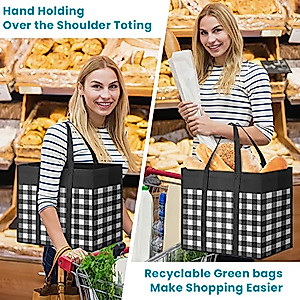 WOWBOX Reusable Grocery Bags,4-Pack, Foldable Reusable Shopping Tote Bags bulk with Reinforced Handles,Large Storage Bags with Water Resistant Coating for Groceries,Multipurpose,Black-White