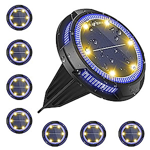 AsperX Solar Ground Lights, 8 Packs, IP65 Waterproof LED In-Ground Lights, Solar Outdoor Patio Lights, Disk Landscape Lights for Pathway, Yard, Garden, Deck, Driveway Lawn (Warm White+Blue)