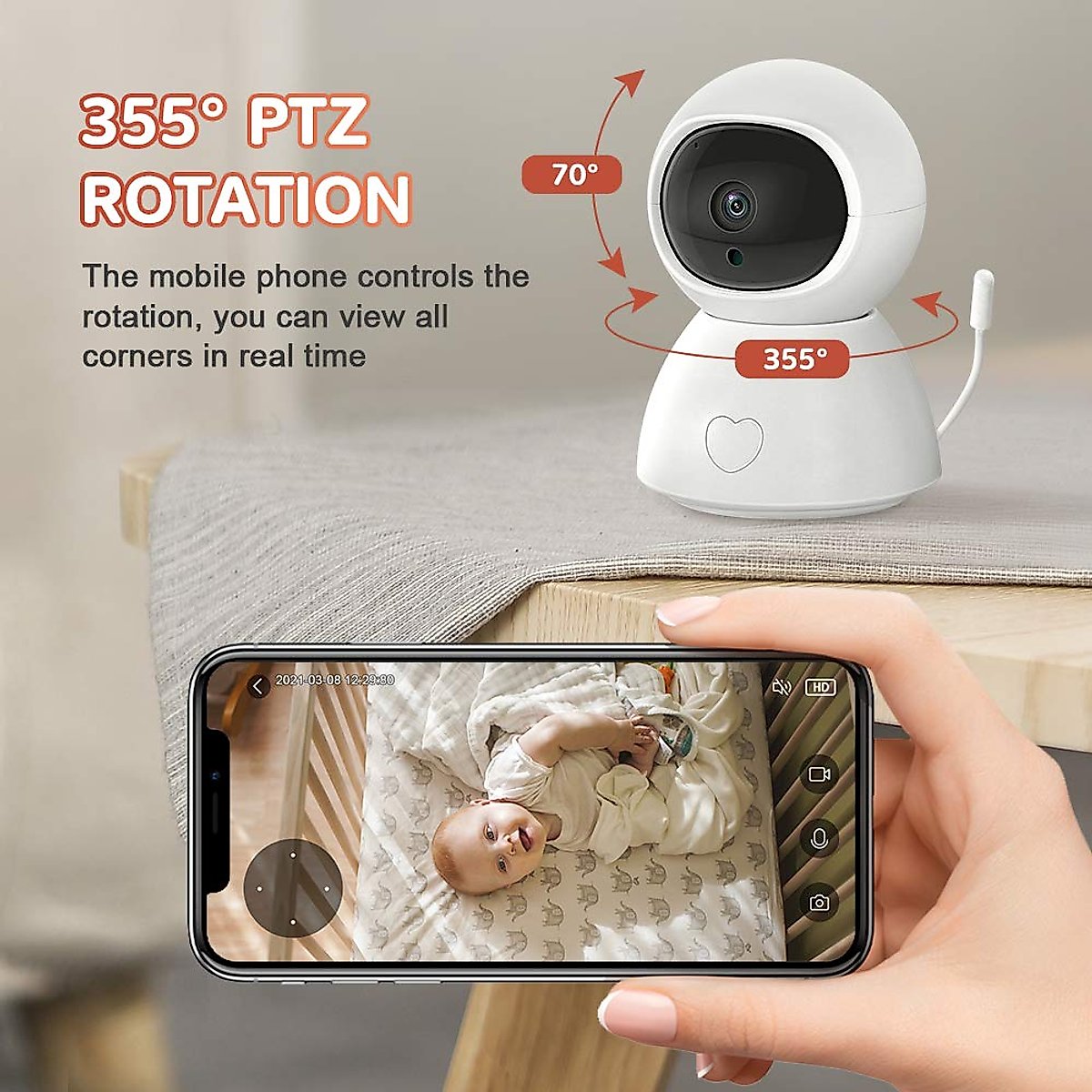 EVERSECU WiFi Baby Monitor Pet Camera Support Temperature Detecting, Sound Detecting and 6 lullabies, 2 Way Audio, Night Vision, Tuya Smartphone app for remoteview