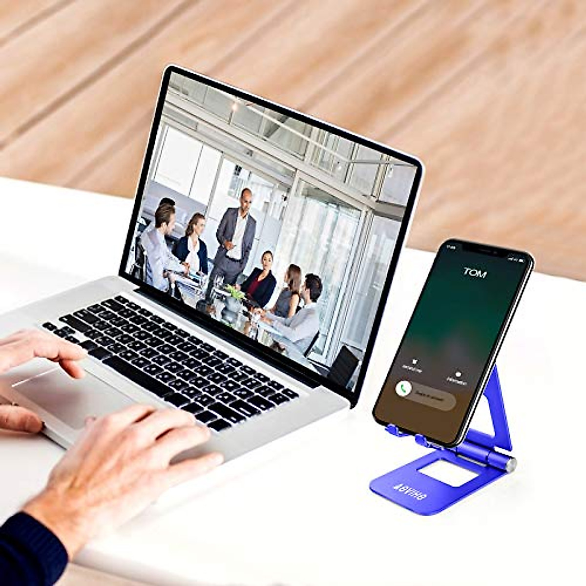 Aoviho Adjustable Cell Phone Stand Foldable Phone Holder - Aluminum Portable Phone Stand for iPhone 13 12 11 Pro X XR XS Max 8 7 6 Samsung Android Desk Decor (Blue)