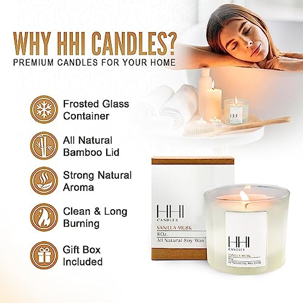 Vanilla Candle | Vanilla Musk Scented Soy Candle | A Blend of Vanilla, Cinnamon, Amber & Hint of Musk | Large Eight Ounce Single Wick Candle | Long Burn time | HHI Candles