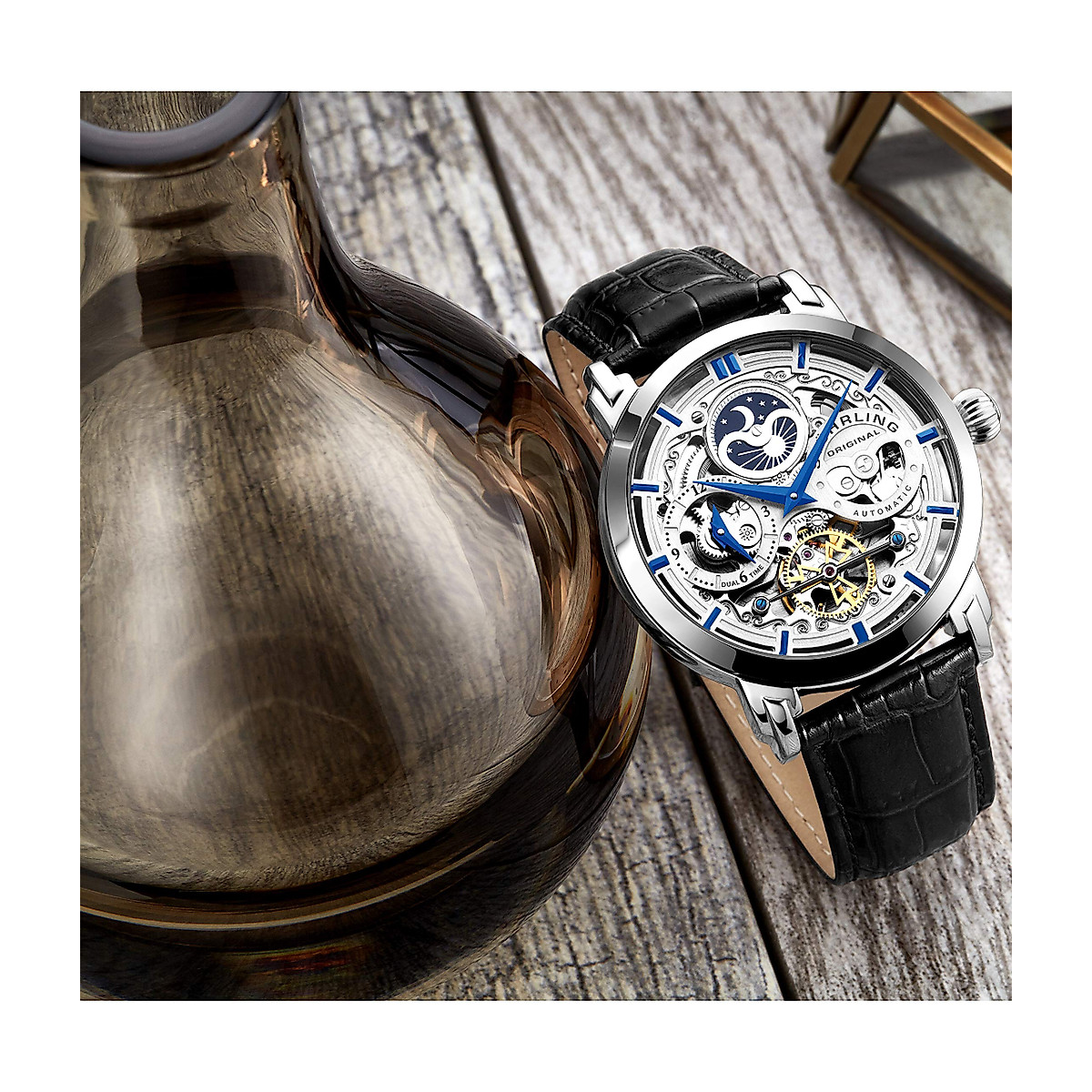 Stuhrling Original Legacy Men's Automatic Watch Stainless Steel 46 MM Case Genuine Leather Strap Watch Black (Silver)