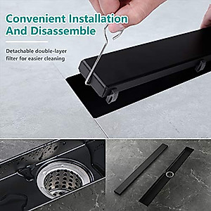 BARONAGE 24-Inch Linear Shower Drain, with 2-in-1 Flat & Tile, Insert Cover Black Brushed 304 Stainless Steel Rectangle Shower Floor Drain Adjustable