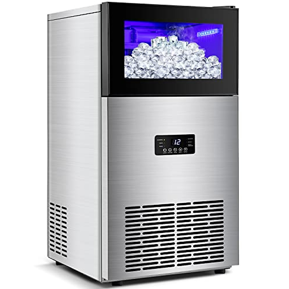 Commercial Ice Maker Machine 130LBS/24H with 35LBS Storage Bin, Stainless Steel Undercounter/Freestanding Ice Cube Maker for Home Bar Outdoor, Automatic Operation, Include Scoop, Connection Hose