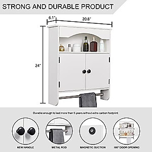 GREATMEET Wood Bathroom Cabinet with Towels Bar and 2 Shelves, Wood Towel Cabinet with 2 Doors, Medicine Wall Mounted Cabinets for Bathroom, Laundry Room, Kitchen, White