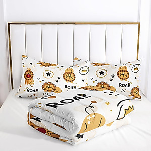 AILONEN Kids Lion Comforter Set Twin Size, 3 Pieces Kawaii Bed in a Bag,Cute Lion Kids Bedding Set for Boys Girls,Cartoon Animal Pattern Quilt with 2 Pillowcases