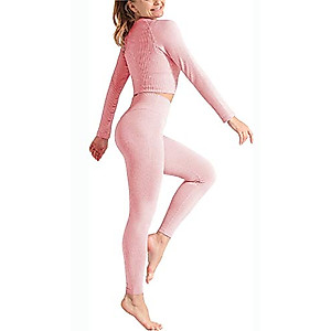 MAYROUND Women 2 Pieces Yoga Workout Outfit Ribbed Seamless Leggings and Long Sleeve Crop Top Set Exercise Clothes