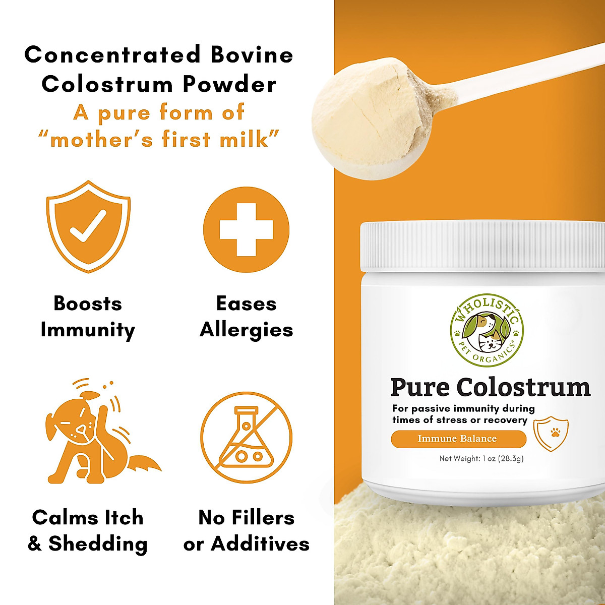 Wholistic Pet Organics Pure Colostrum - 1 Oz - Dog Allergy Relief & Itchy Skin Treatment, Senior Dog Supplements & Immune Support, Licking Paws Relief