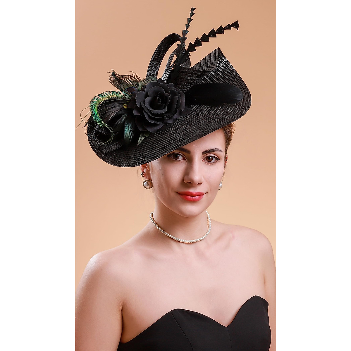 Cizoe Tea Party Hats Fascinators for Women Kentucky Derby Headpiece Peacock Feather Wedding Headware Bridal Headpiece(Black)