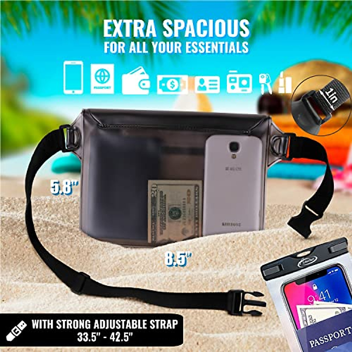 AiRunTech Waterproof Dry Bag and Waterproof Cell Phone Bag for Outdoor Water Sports, Boating, Hiking,Kayaking,Fishing (2 * Phone case(Clear) + 2 * Fanny Pack(Black+Gray))
