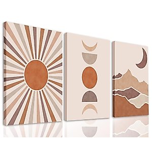 Boho Wall Art Prints, Boho Wall Decor, Mid Century Modern Wall Art Set of 3 Abstract Geometric Prints Beige Terracotta Minimalist Art, Canvas Framed Wall Art for Living Room Bedroom 16"x24"
