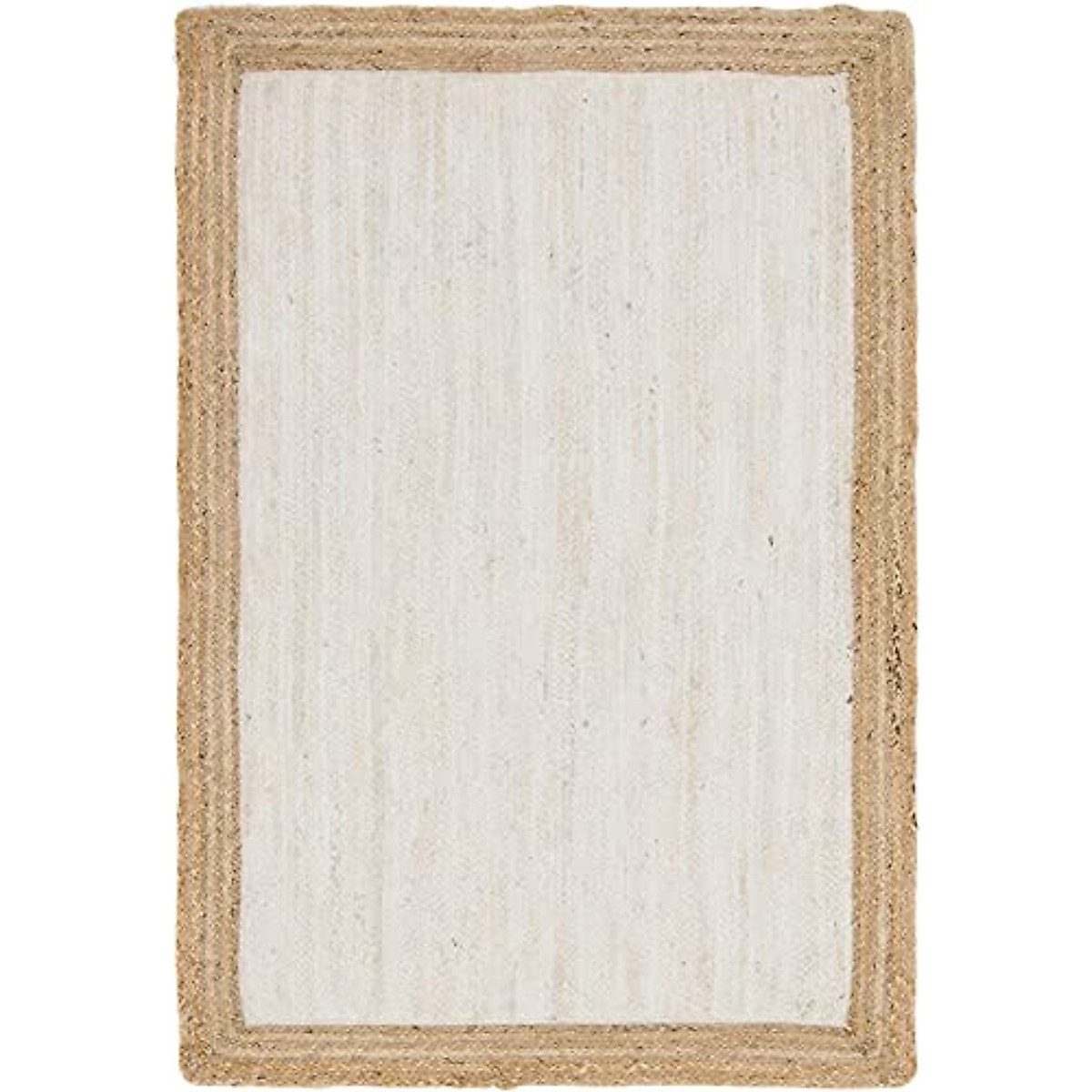 Unique Loom Braided Jute Collection Classic Quality Made Natural Hand Woven with Solid Color Detail, Area Rug, Rectangular 4' 0" x 6' 0", White/Beige