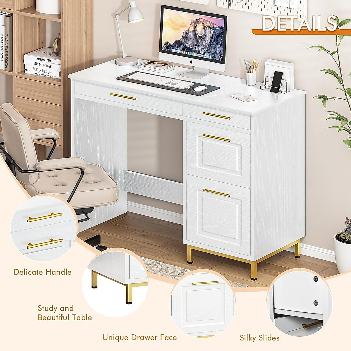 4 EVER WINNER White Desk with Drawers, 43” Home Office Small Desk with Drawers, Gold Hardware for Small Space, White and Gold Desk Writing Study Table for Bedroom
