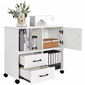 Giantex Printer Stand Under Desk - Mobile File Cabinet with 2 Drawers, Lateral Cabinet, 2 Open Compartments, Lateral Rolling Filing Cabinet on Wheels for Home & Office Use Printer Table (White)