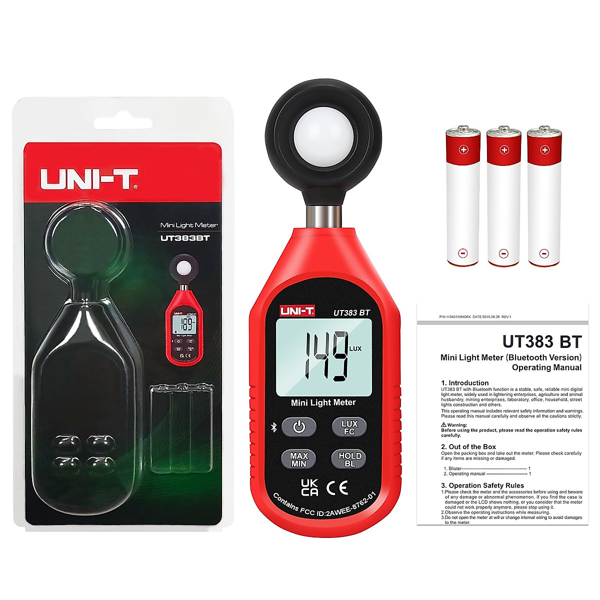 UNI-T Light Meter UT383BT Lux Meter Lumens Digital Illuminance Meter 0~199900 Lux (0~18500 FC) Foot Candles Luxmeter for Film Photography Plants Photometer Lighting Intensity Brightness Measurement