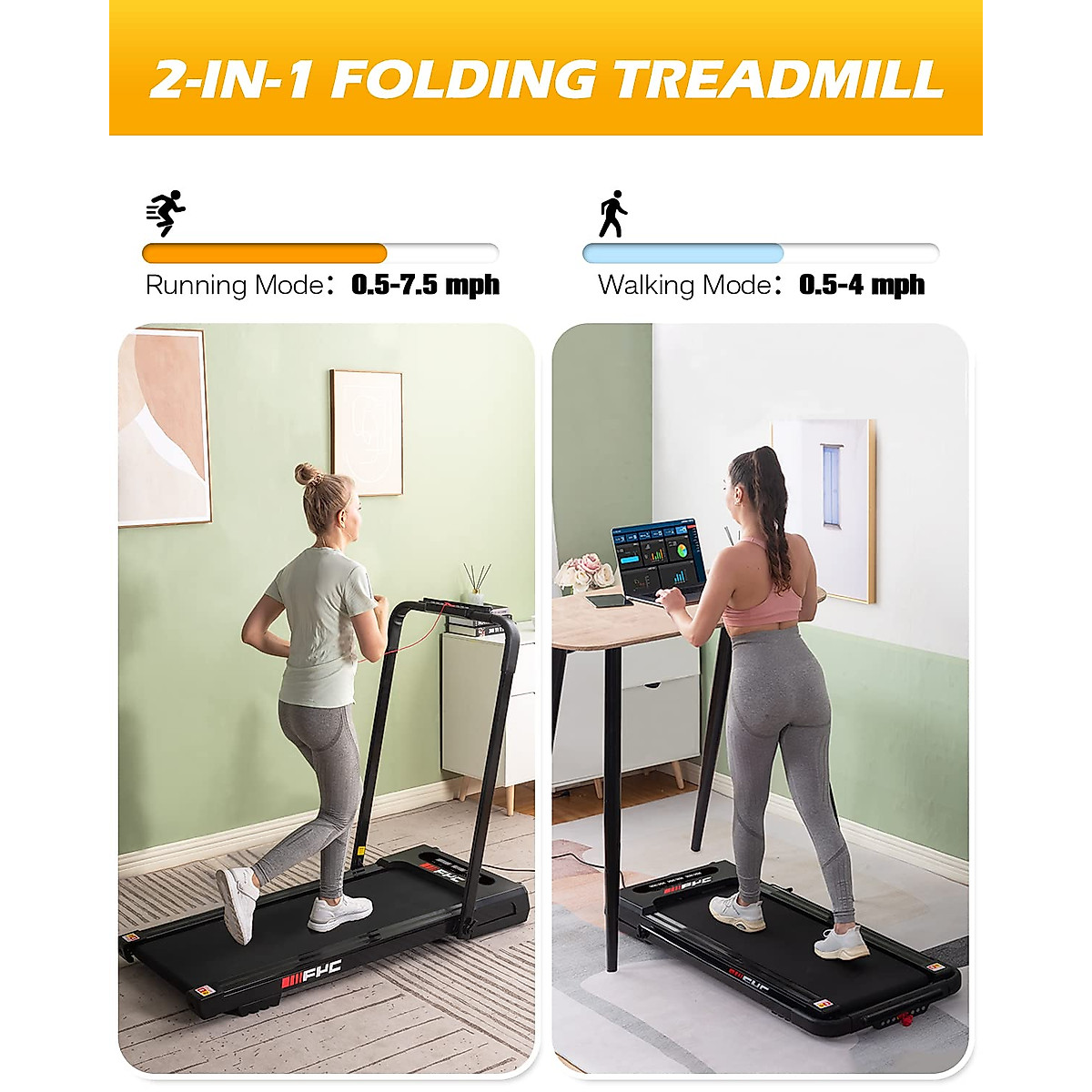 FYC Under Desk Treadmill - 2 in 1 Folding Treadmill Desk Workstation for Home 300LBS Weight Capacity, 3.5HP Free Installation Foldable Treadmill Compact Electric Running Machine for Office, Black