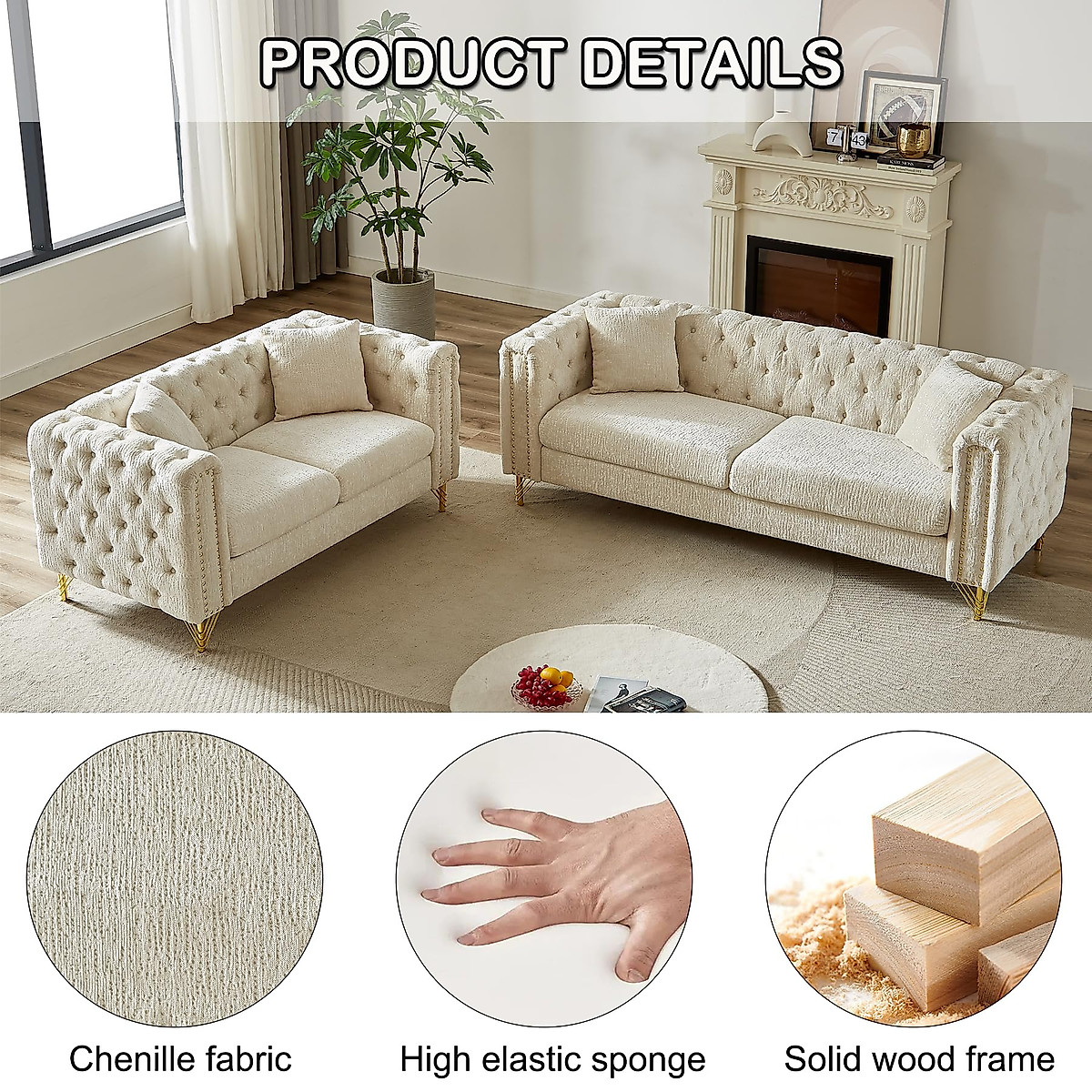 AZSJML 2 Piece Chesterfield Chenille Sofa Set for Living Room, Modern 3-Seater Couch and Loveseat Set,Tufted Chenille Sofa Nailhead and Gold Legs with 2 Pillows for Bedroom, Office, Beige