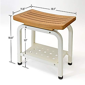Bali Teak & Aluminum Indoor Outdoor Shower/Bath/Spa/Patio Stool Bench, Seat Chair with Storage Shelf and Adjustable TPR Feet, Anthology Spa Collection, B103/BGE (Light Beige)