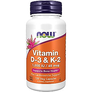 NOW Supplements, Vitamin D-3 & K-2, 1,000 IU/45 mcg, Plus Cardiovascular Support*, Supports Bone Health*, 120 Veg Capsules
