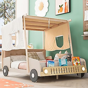 Acosure Full Size Race Car Bed Platform Bed with Pillow,Ceiling Cloth and LED Light,Wood Bed Frame W/Magazine Storage Rack,for Kids Boys Girls Teens,Natural