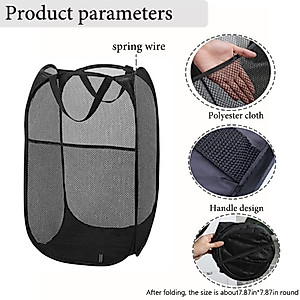 Laundry Collapsible Mesh Pop Up Hamper with Wide Opening and Side Pocket Black Foldable, Breathable for Clothes and Storage