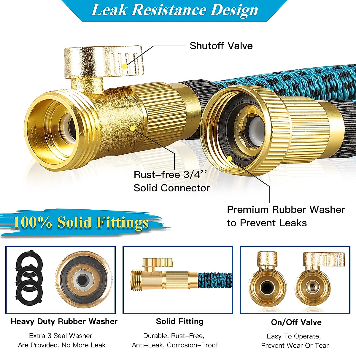 Juvoery 50FT Flexible Garden Hose - Water Garden Hose with 10 Function Nozzle, Lightweight Anti-kink Design for Outdoor Use, 3-Layer Latex and 3/4 Inch Solid Fittings (Blue)