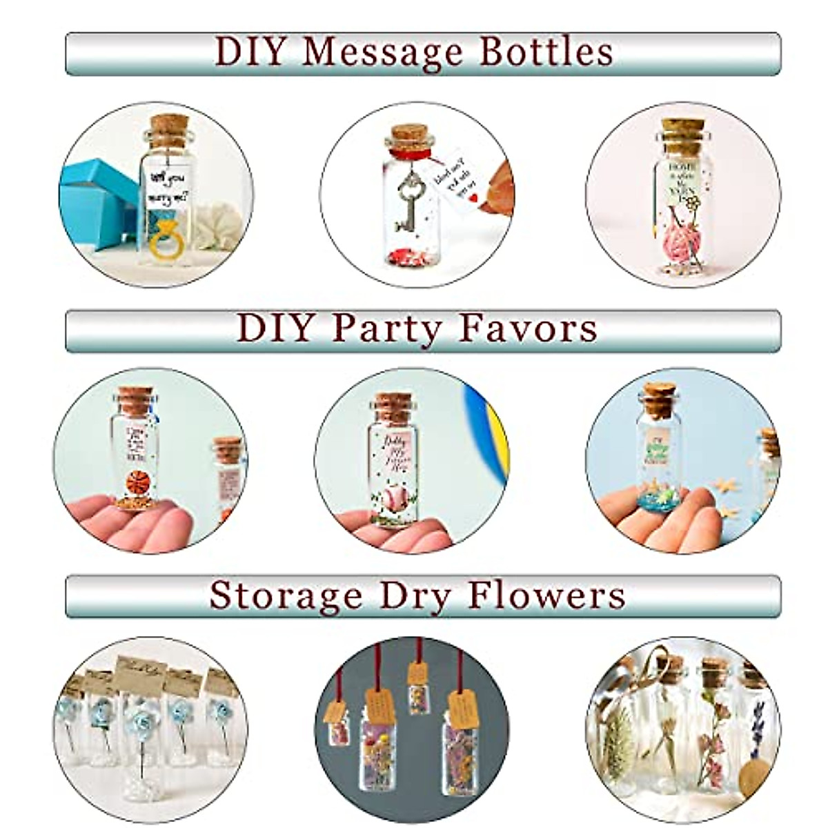 JFWOD 20ml Small Mini Glass Bottles Jars with Cork Stoppers for DIY Perfume Jar Necklace Wedding Birthday Party Favors Spell Jars Wish Bottles Mini Jars 50pcs Eye Screws and 10 Meters Twine