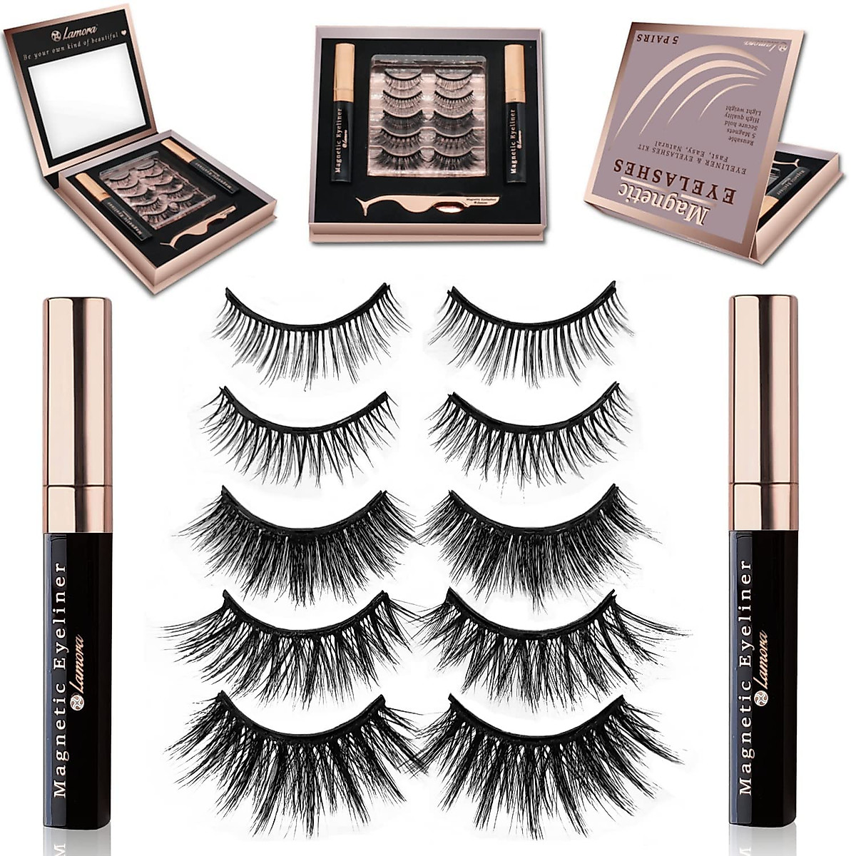 Lamora Reusable False Magnetic Lashes - Fake Magnetic Eyelash Kit With Strong Waterproof Eyeliner, Free Eye Lash Applicator & Protective Gift Storage Box - No Glue False Eyelashes Magnetic Pack