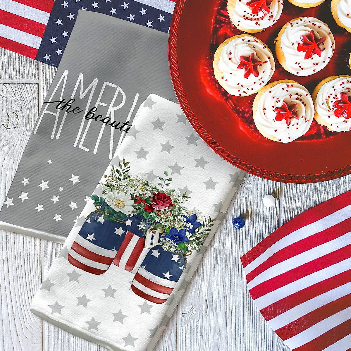 AnyDesign Patriotic Kitchen Dish Towel 18 x 28 Inch 4th of July Gray American Stars Dishcloth America The Beautiful Hand Drying Tea Towel for Independence Day Memorial Day Cooking Baking, 2Pcs