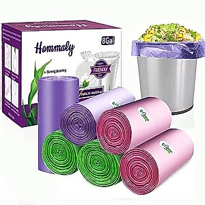 8 Gallon MULTI trash can liners 300 counts,Small trash bags garbage Bags, Strong 8 Gal garbage Bags, Fit 30 liters trash Bin, bathroom trash can liners for Home Pink Green Purple(Multi 300)