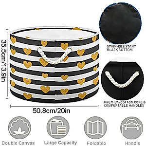 visesunny Collapsible Large Capacity Basket Gold Heart Black White Striped Clothes Toy Storage Hamper with Durable Cotton Handles Home Organizer Solution for Bathroom, Bedroom, Nursery, Laundry,Closet